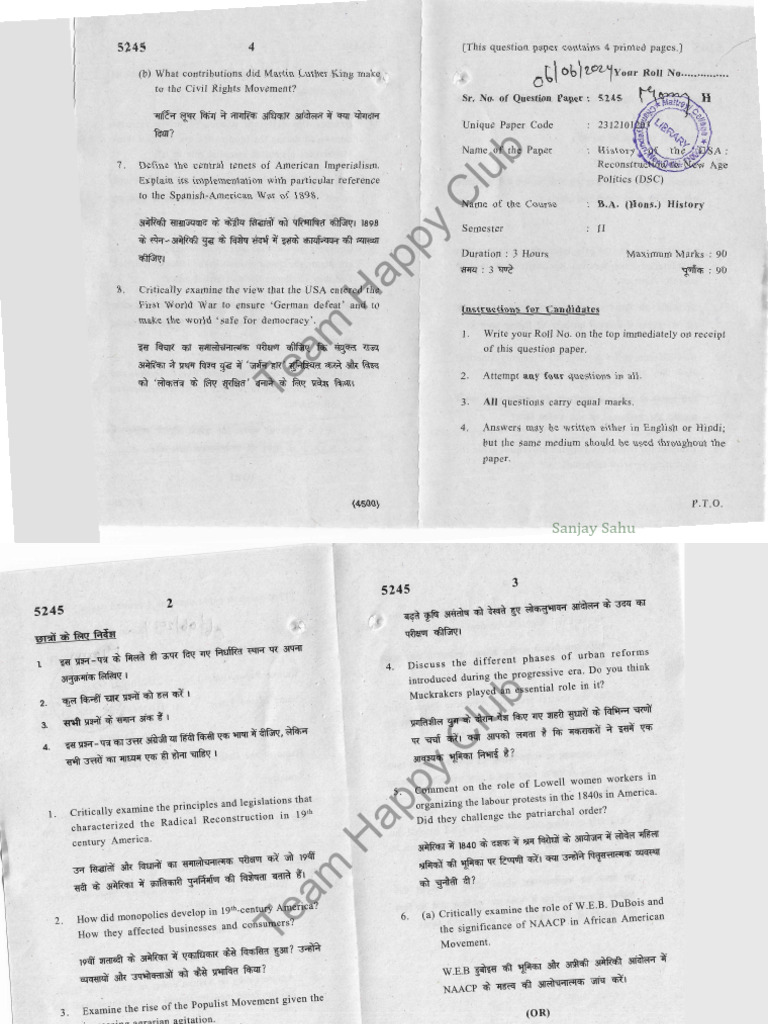 USA History Semester 2 Exam Questions | PDF