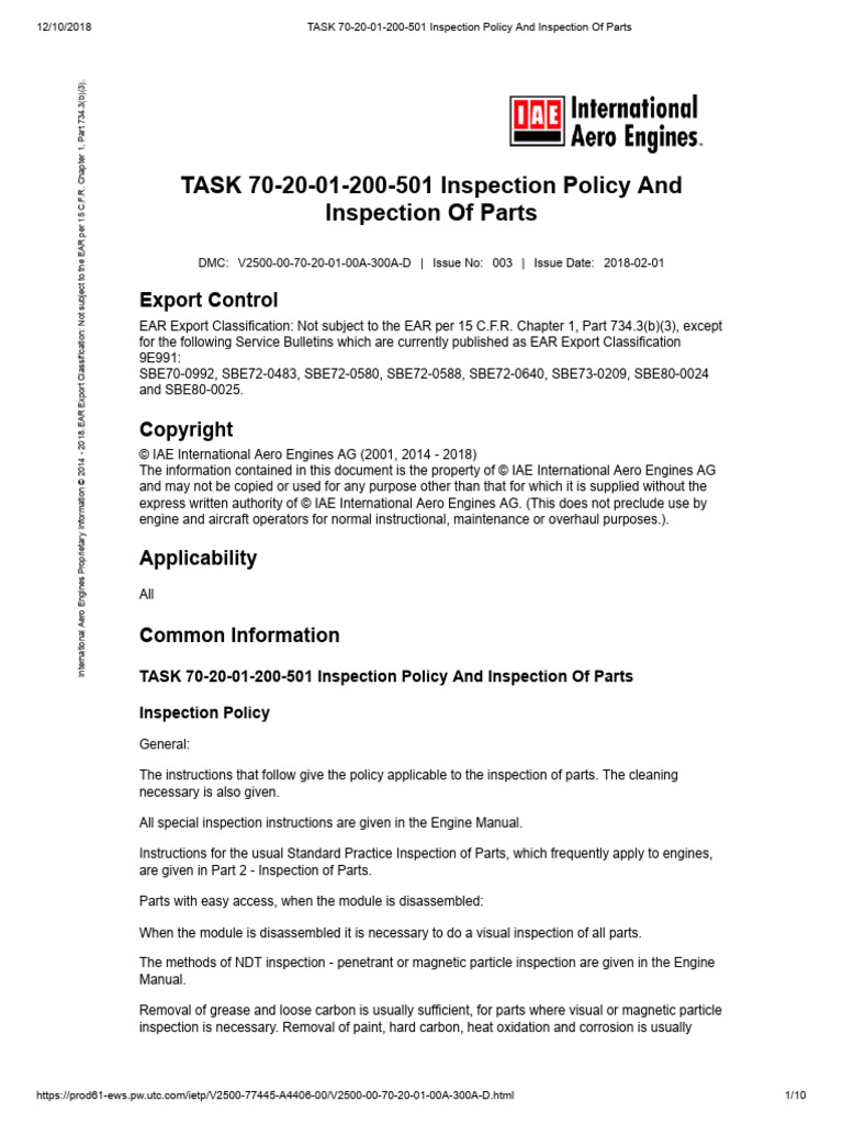 TASK 70-20-01-200-501 Inspection Policy and Inspection of Parts | PDF ...