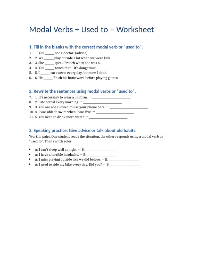 Modal Verbs Used To Worksheet | PDF