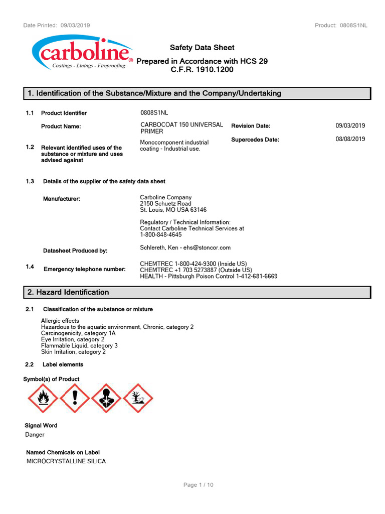 Carboline Carbocoat 150 Universal Primer SDS | PDF | Toxicity | Superfund