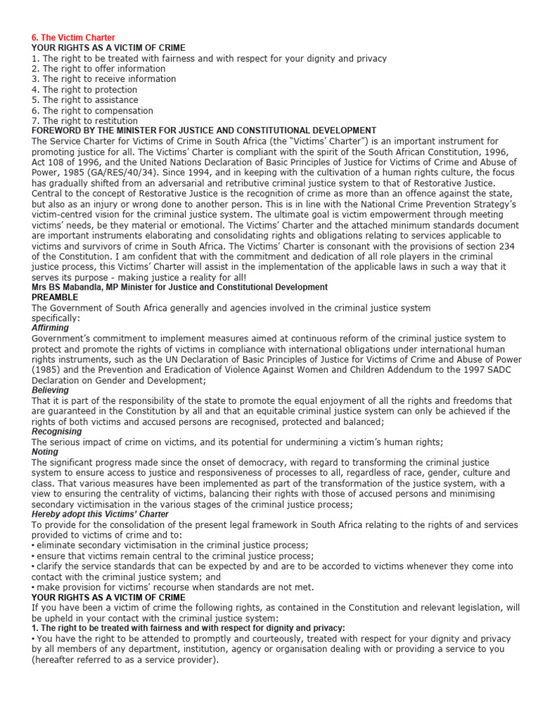 Victims' Charter of Rights in South Africa | PDF | Prosecutor | Crimes