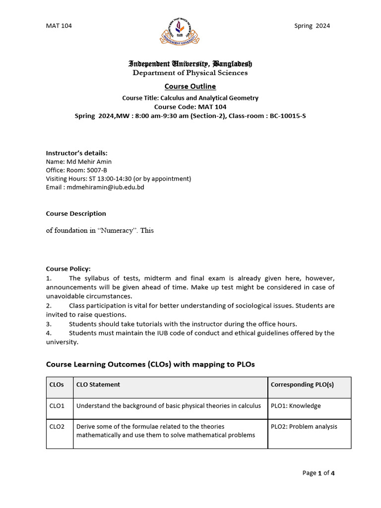 MAT 104 Course Outline Spring 2024 | PDF | Integral | Derivative