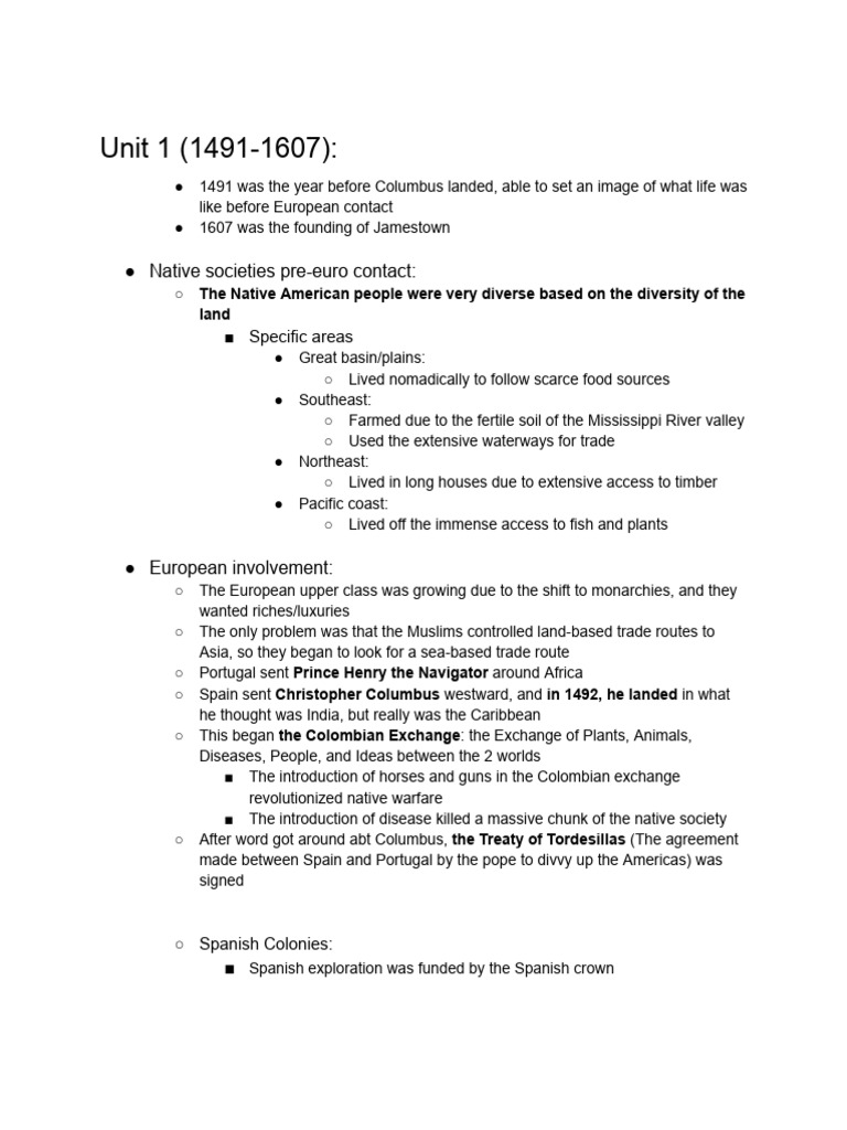 APUSH Unit 1: Colonization Overview | PDF | Spanish Empire ...