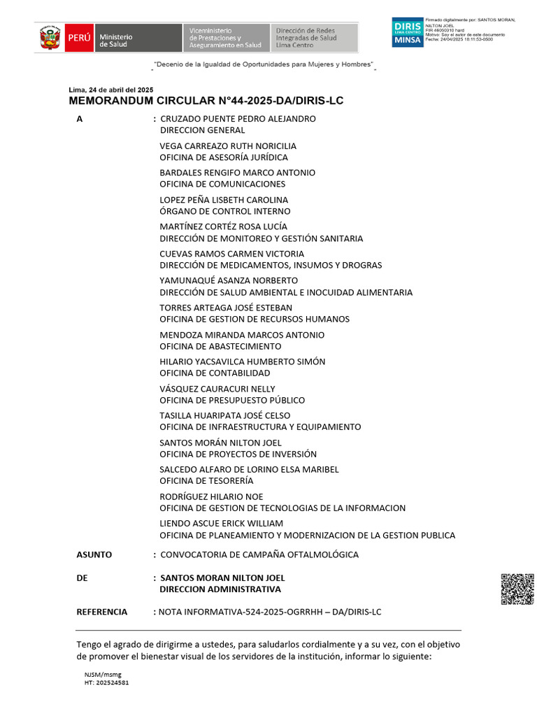 MEMORANDUM CIRCULAR N° 44-2025-DA-DIRIS-LC | PDF | Esfera pública