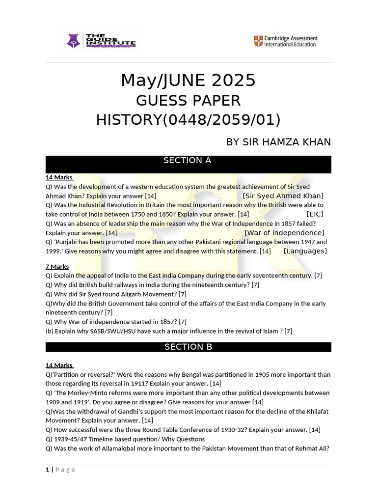 History Guess Paper 2025 | PDF | Pakistan | Muhammad Ali Jinnah