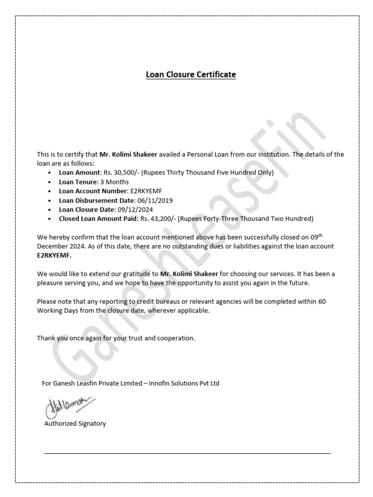 Kolimi Shakeer - Final - LoanClosure - Letter | PDF