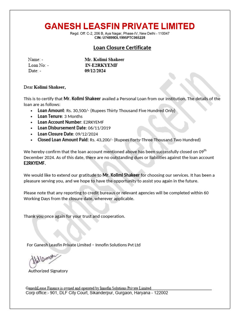 Kolimi Shakeer - Final - LoanClosure - Letter | PDF