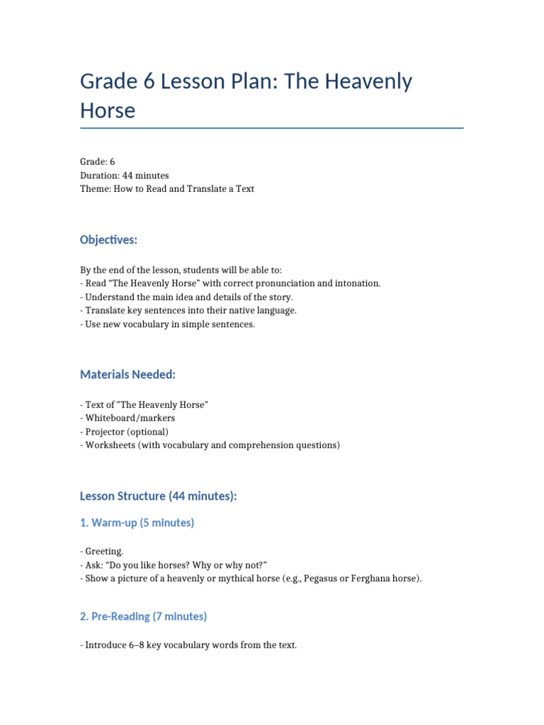 Grade 6 Lesson Plan: Heavenly Horse | PDF