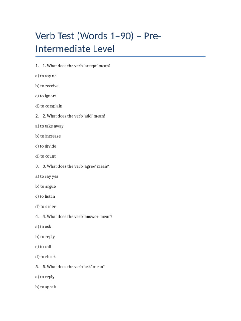 Pre-Intermediate Verb Meanings Quiz | PDF