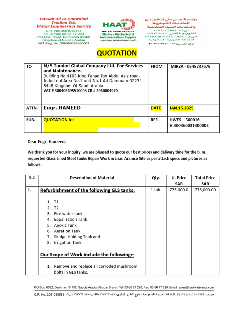 QUOTATION for GLASS LINED STEEL TANK - REPAIR WORK IN JIZAN ARAMCO SITE ...