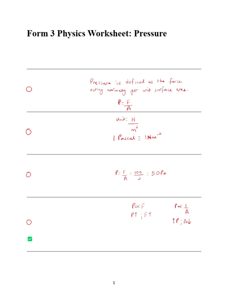 Form 3 Physics: Pressure Worksheet | PDF | Pressure | Gases