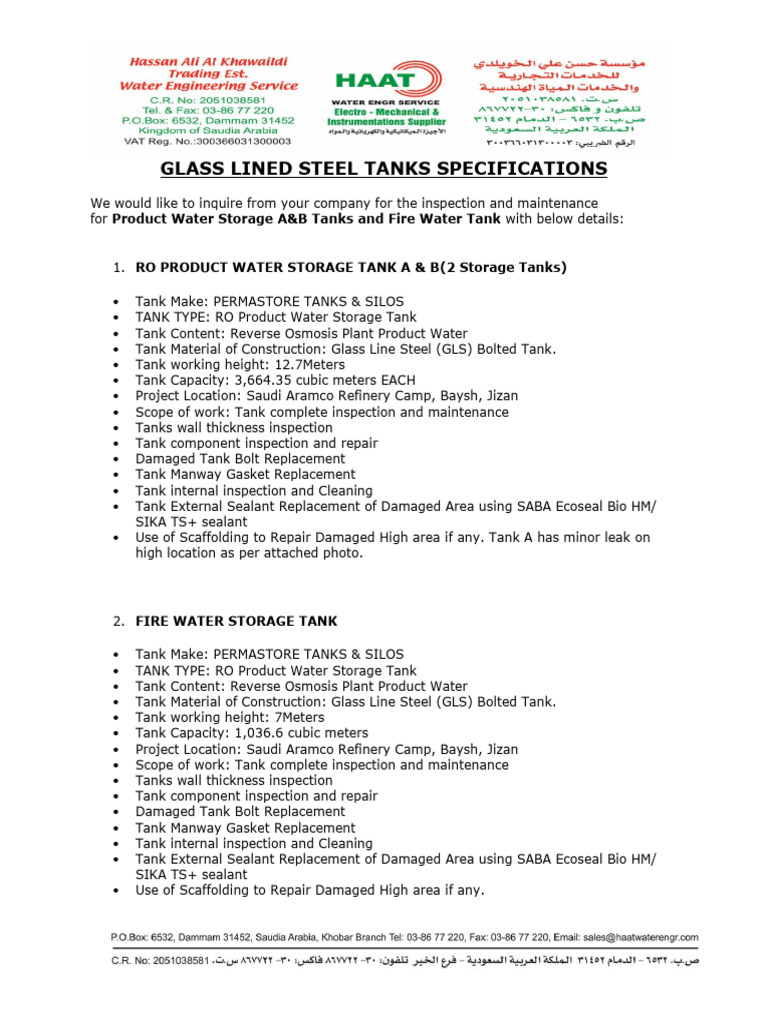 Glass Lined Steel Tanks Specifications | PDF | Environmental ...