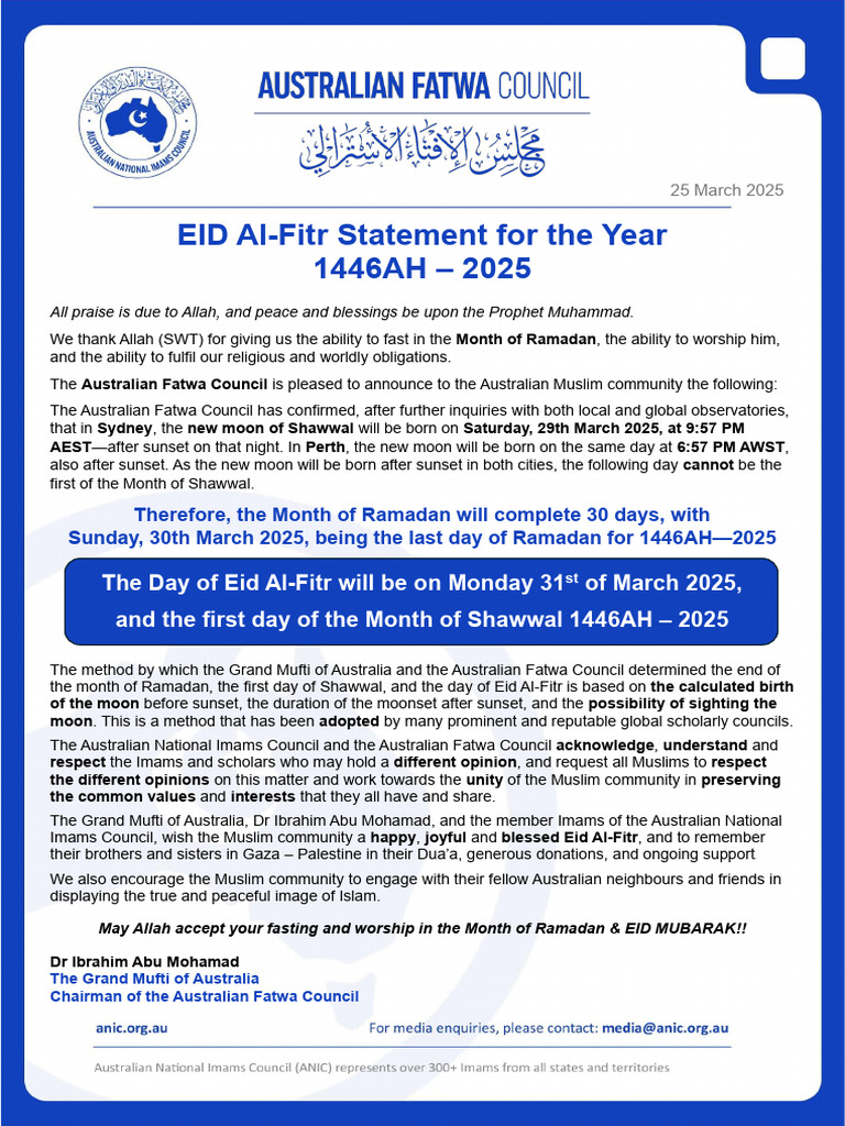 Eid Al-Fitr 2025 Announcement for Sydney | PDF | Ramadan | Fatwa