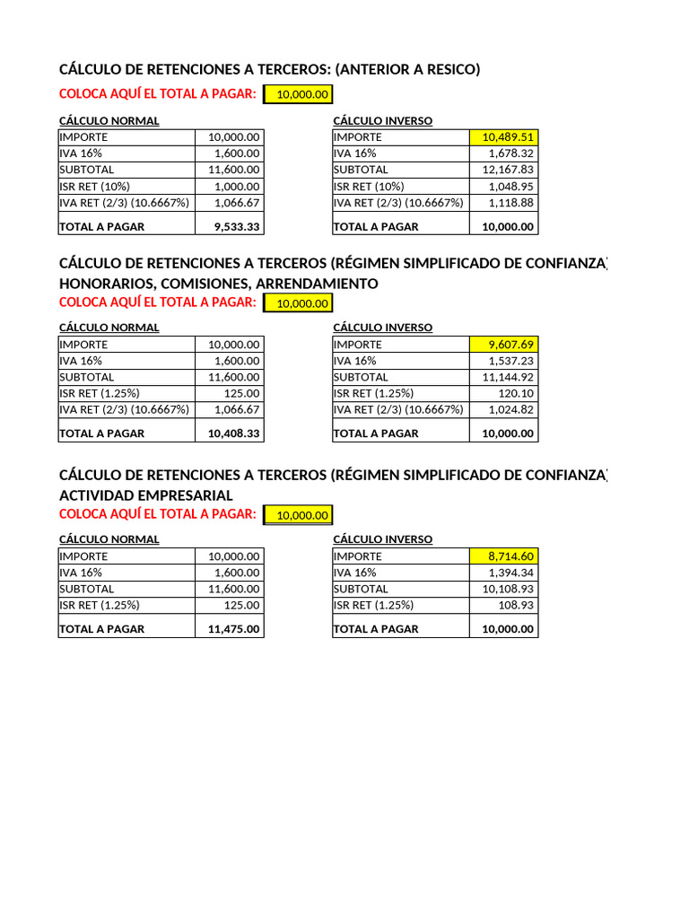 15 Cálculo Retenciones 2025 ISR 10% y RESICO ISR 1.25% | PDF