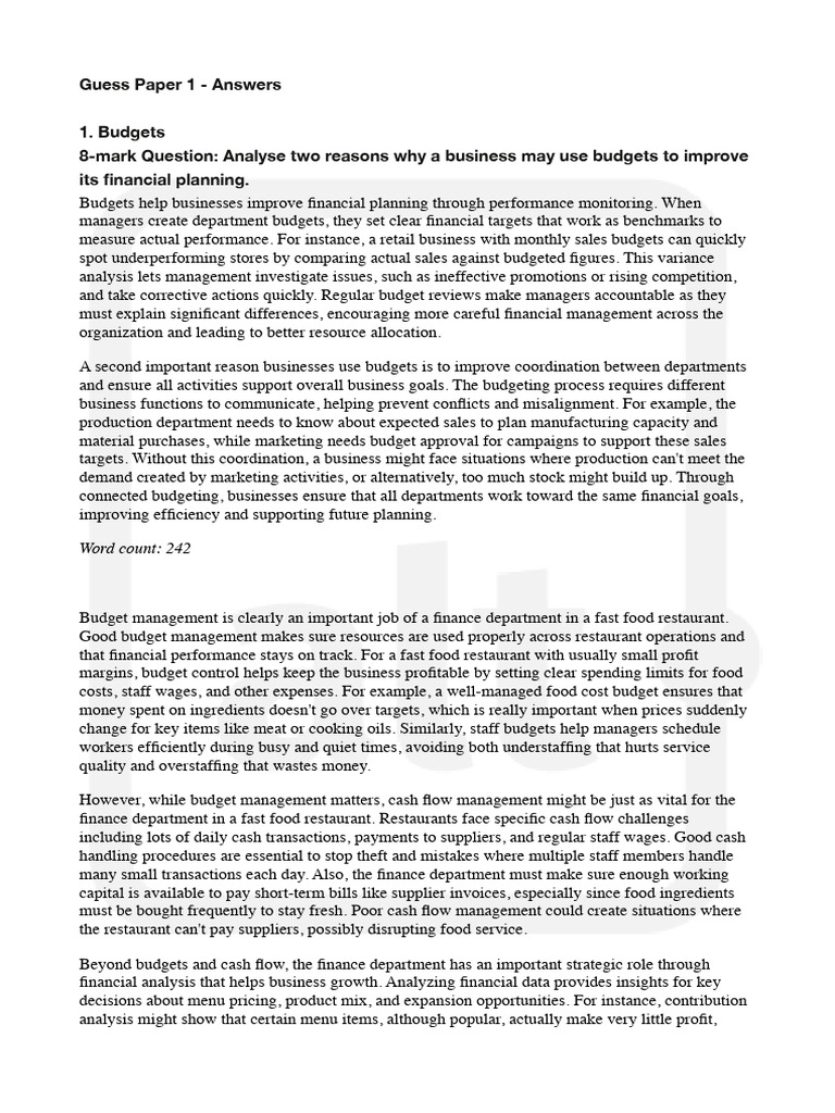 BIZ A1 Guess Paper 1 & 2 - Answers | PDF | Sustainability | Leadership