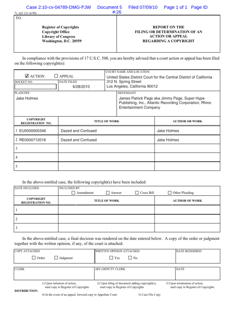 Jake Holmes 2010 'Dazed and Confused' Lawsuit - Report On The Filing or Determination of An ...