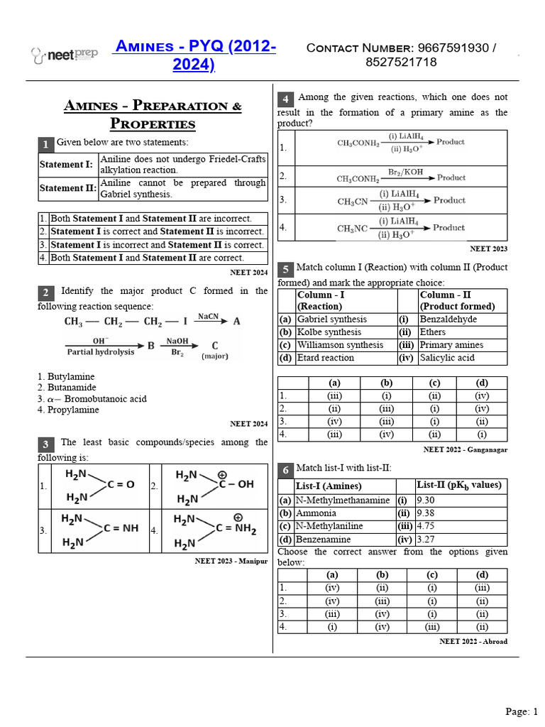 Amines - PYQ (2012-2024) NEET | PDF | Amine | Chemical Compounds