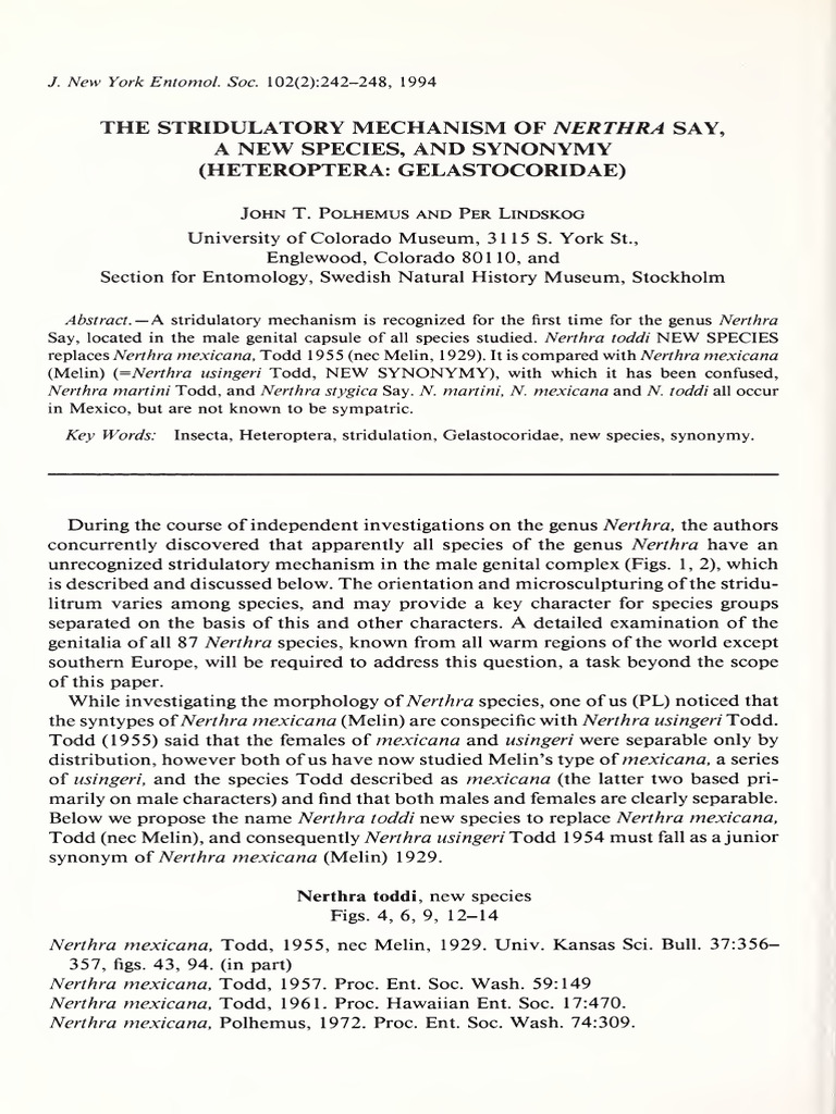 The Stridulatory Mechanism of The Genus Nerthra 1994 Polhemus | PDF ...