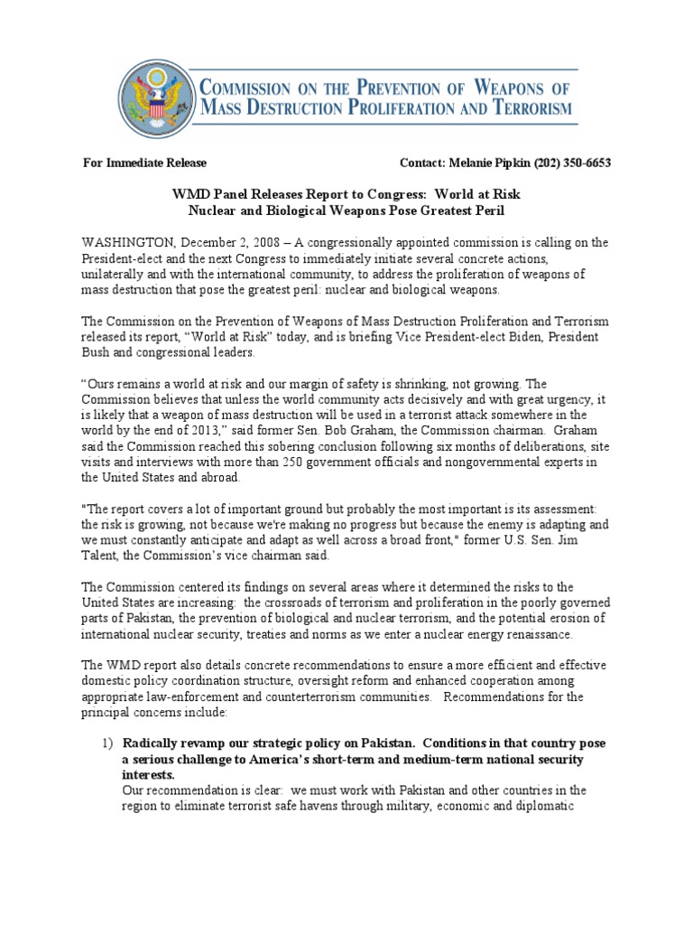 WMD Panel Releases Report To Congress: World at Risk Nuclear and ...