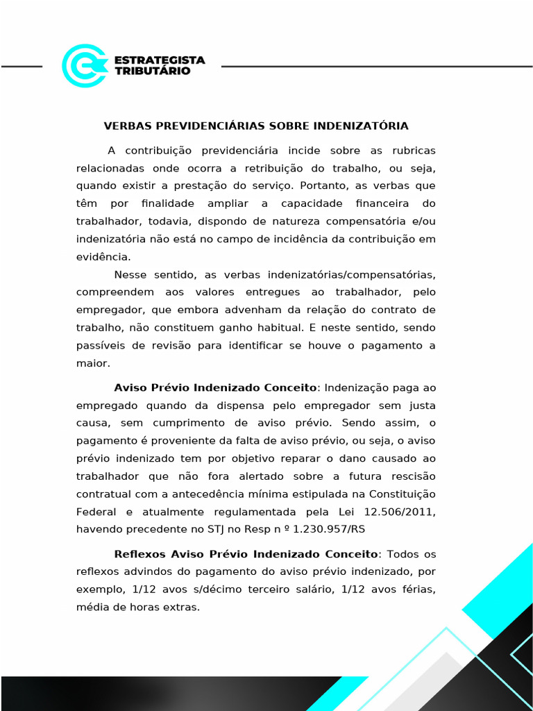 Verbas Indenizatórias e Contribuição Previdenciária | PDF | Férias ...