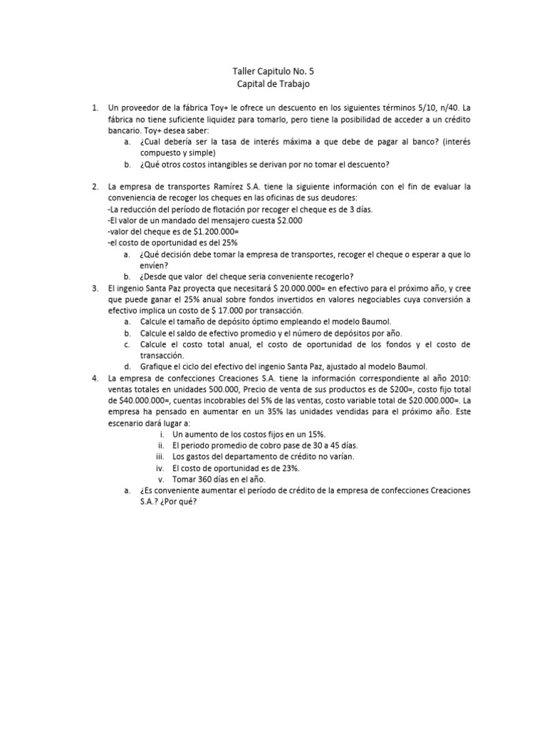 Taller Capitulo No 5 | PDF | Cheque | Business