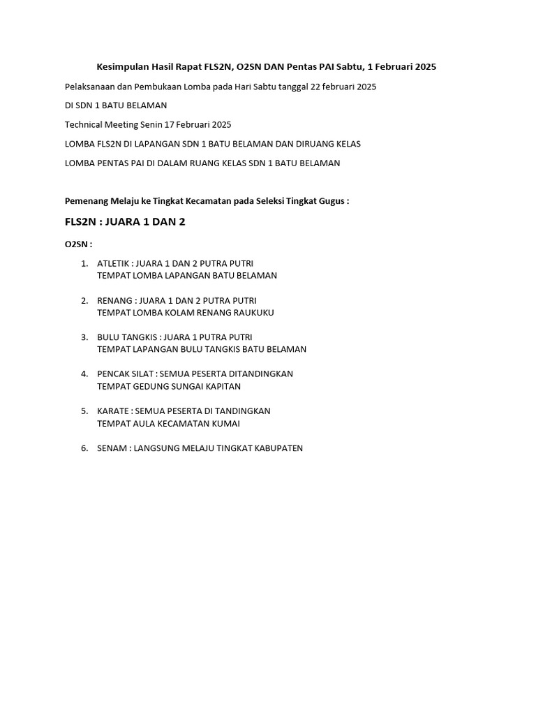 Hasil Rapat 1 Februari 2025 Dan Juknis O2sn Dan FLS2N Tingkat Kecamatan ...