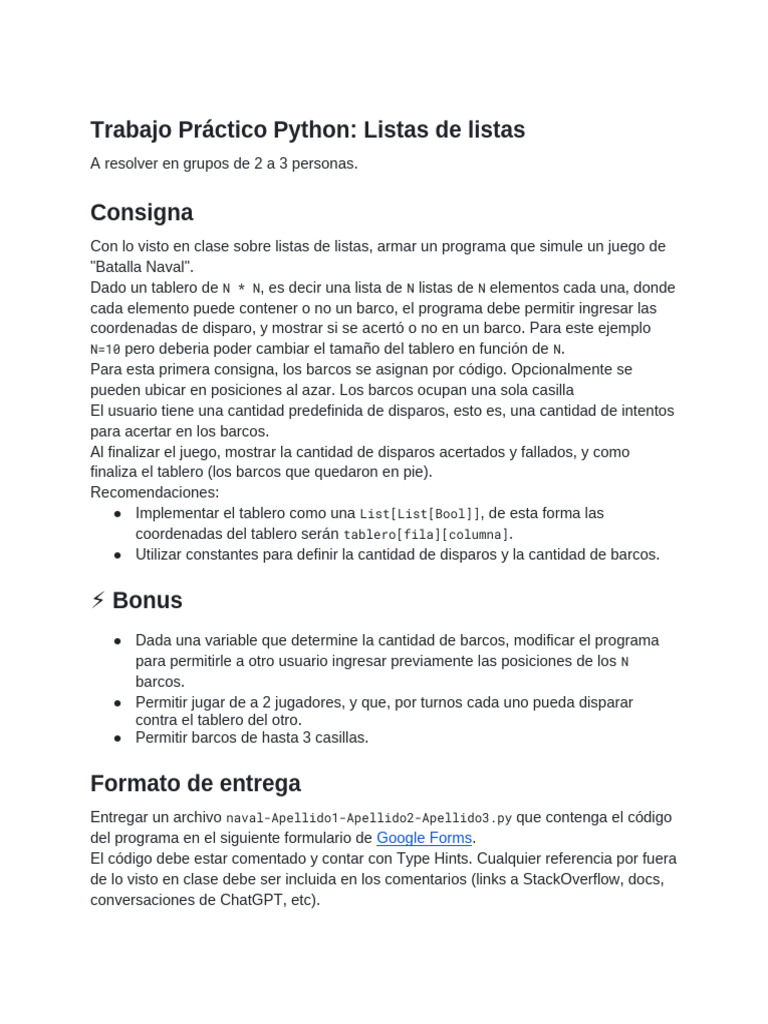 Trabajo Práctico Python - Listas de Listas | PDF