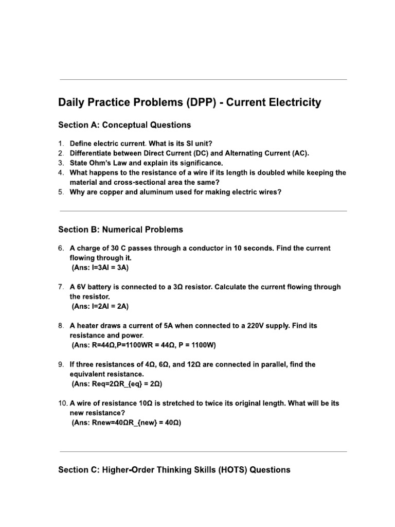 Current Electricity DPP | PDF