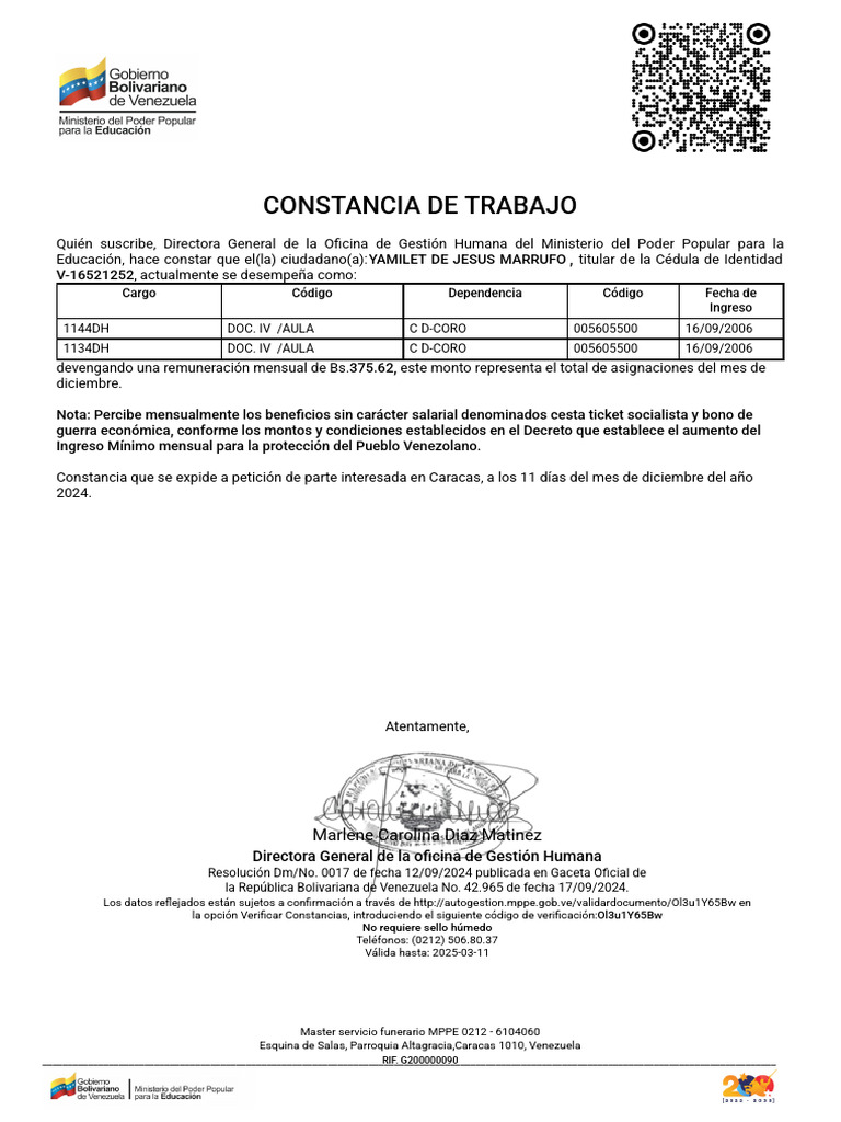 Constancia de Trabajo Yami Enero 2025 | PDF | Venezuela