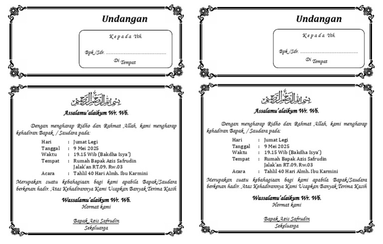 Undangan Tahlil Almh. Ibu Karmini | PDF