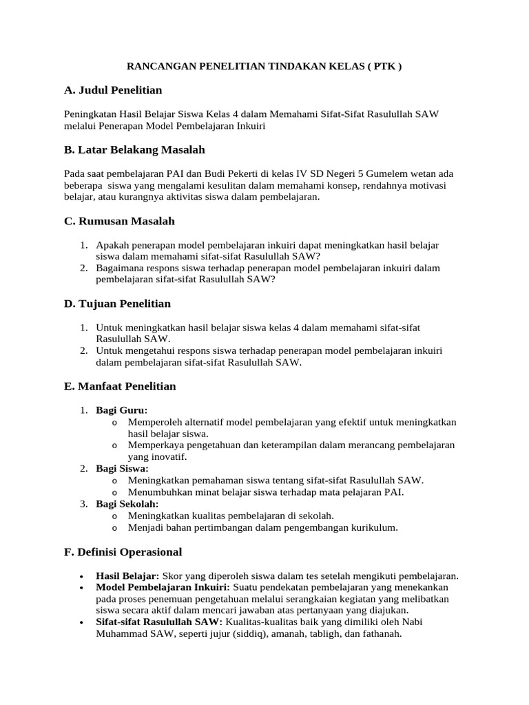 RANCANGAN PENELITIAN TINDAKAN KELAS PTK | PDF