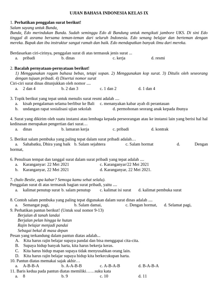 UJIAN BAHASA INDONESIA KELAS IX Tertulis 2024 | PDF