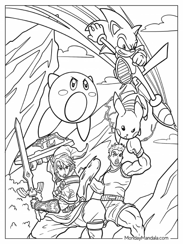 Kirby Pikachu Zelda Sonic and Little Mac Super Smash Bros Coloring Page ...