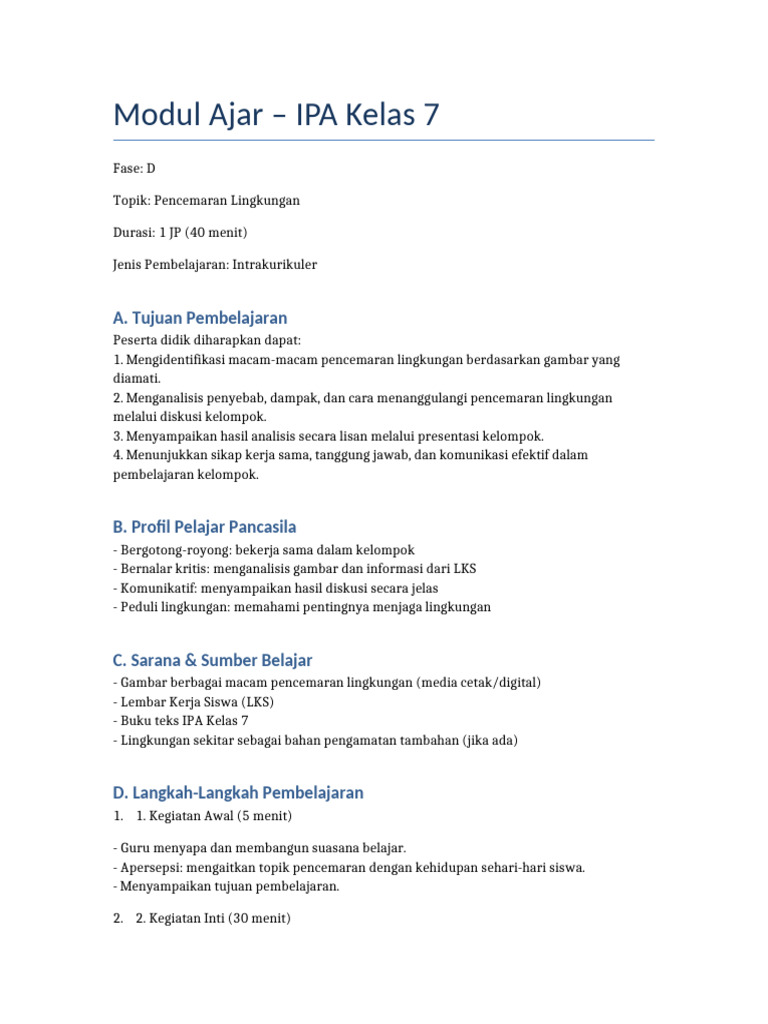 Modul Ajar IPA Kelas7 Pencemaran Lingkungan | PDF