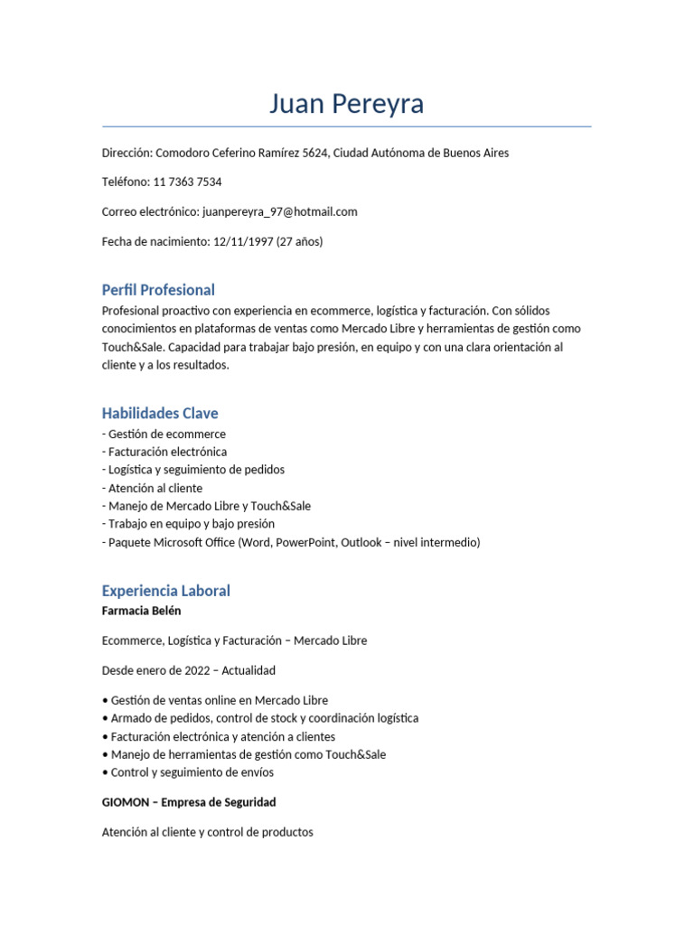 CV Juan Pereyra Profesional | PDF