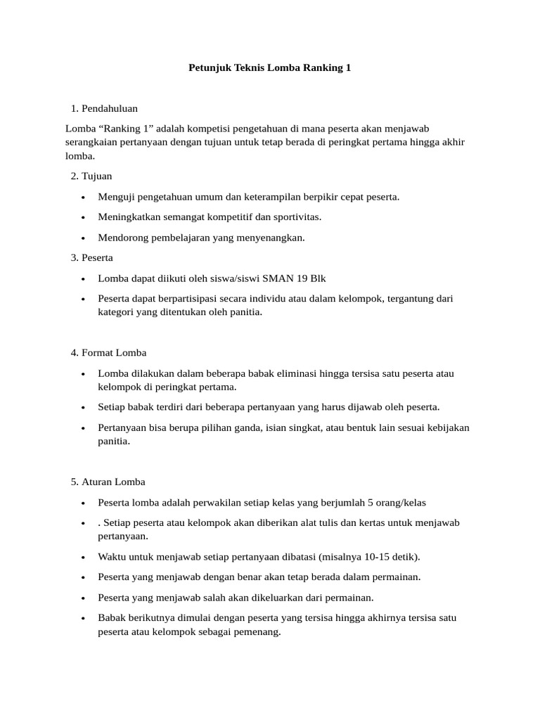Petunjuk Teknis Lomba Ranking 1 | PDF