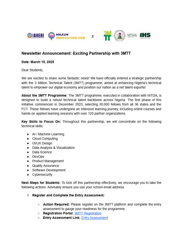 Newsletter Announcement - Exciting Partnership With 3MTT | PDF