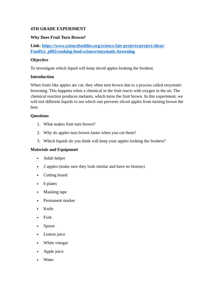 4TH GRADE EXPERIMENT Why Does Fruit Turn Brown | PDF