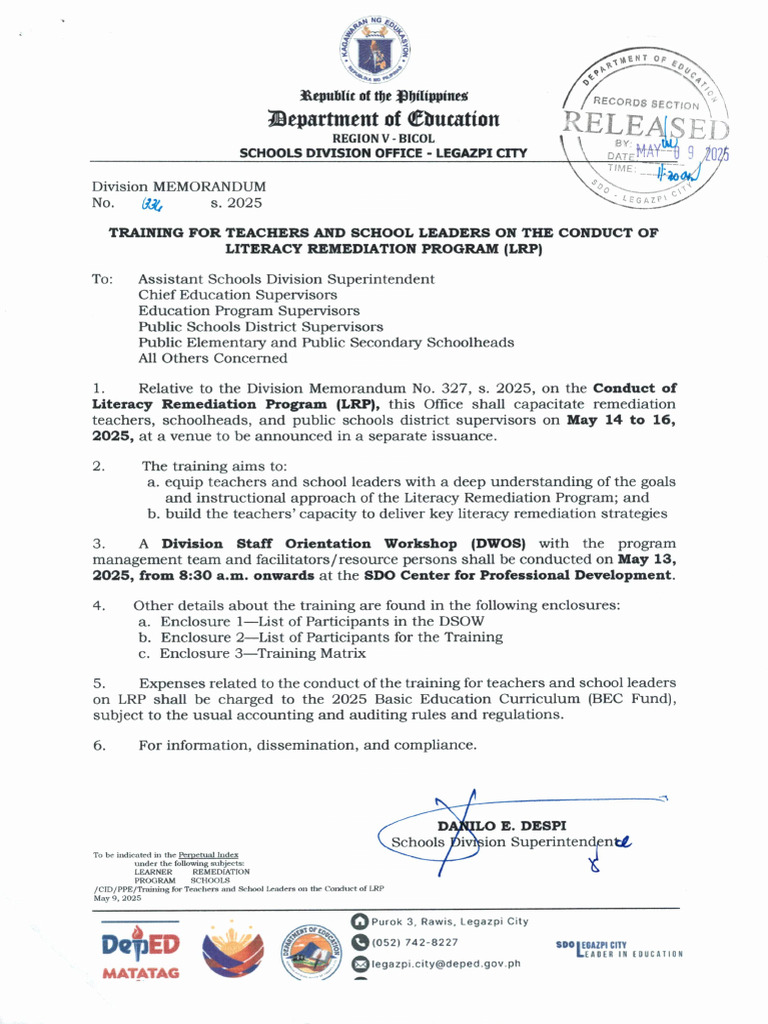 DM No. 336, S. 2025 Training For Teachers and School Leaders On The ...