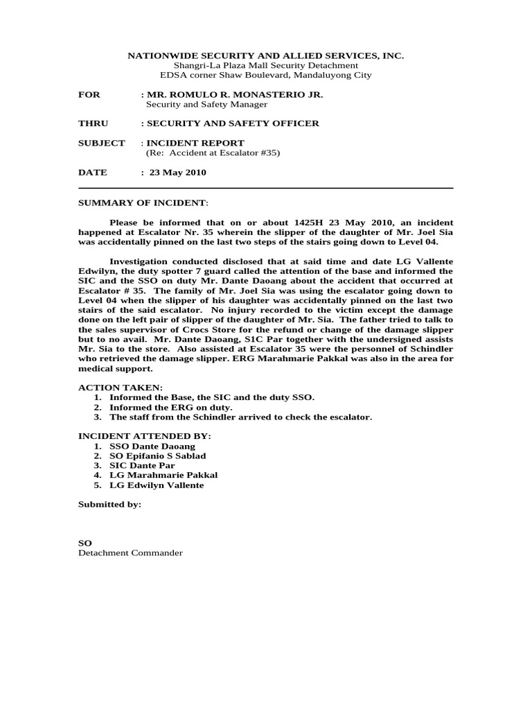 Incident Report Re. Accident at Escalator # 35 | PDF