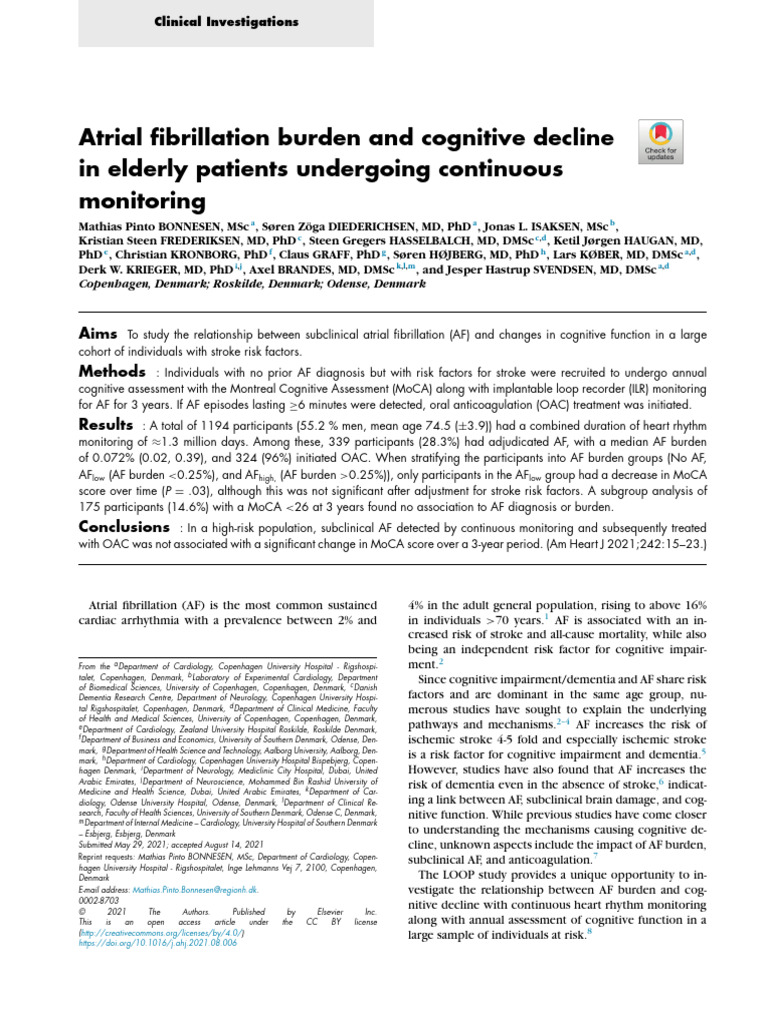 Atrial Fibrillation Burden and Cognitive Decline in Elderly Patients ...