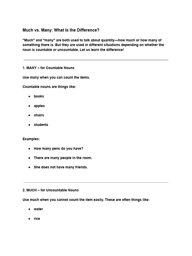 Much vs. Many: Key Differences Explained | PDF