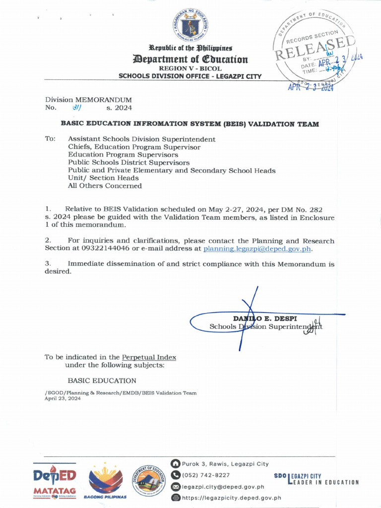 DM No. 311, S. 2024 Basic Education Information System (BEIS) Validation Team | PDF