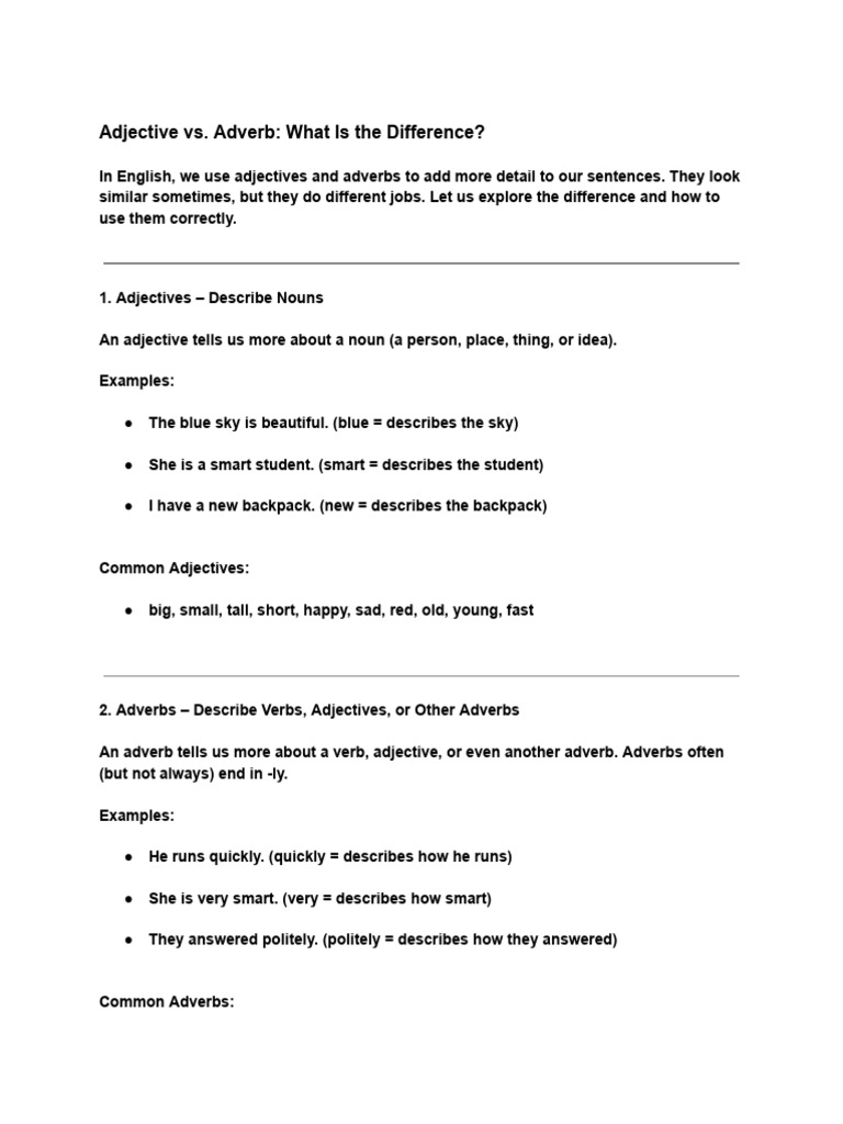 Adjective vs. Adverb - What Is The Difference | PDF