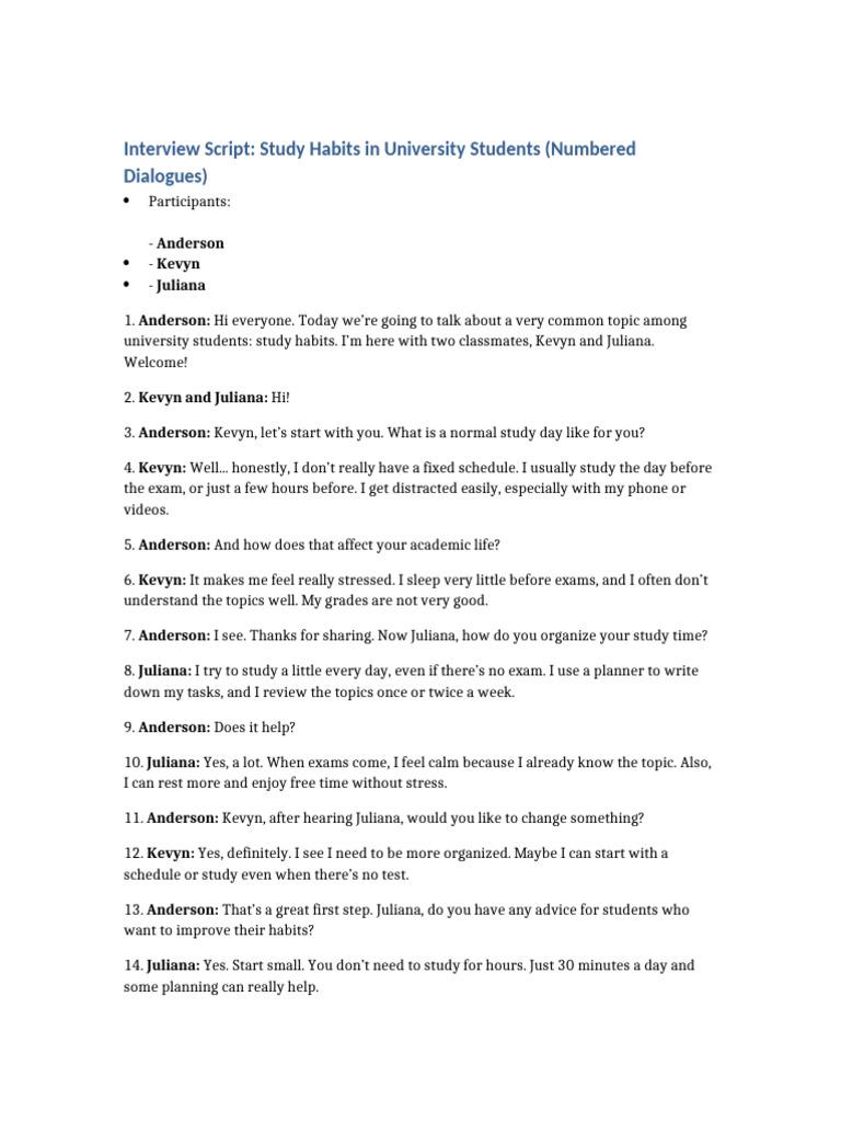 Interview Script Study Habits Numbered | PDF