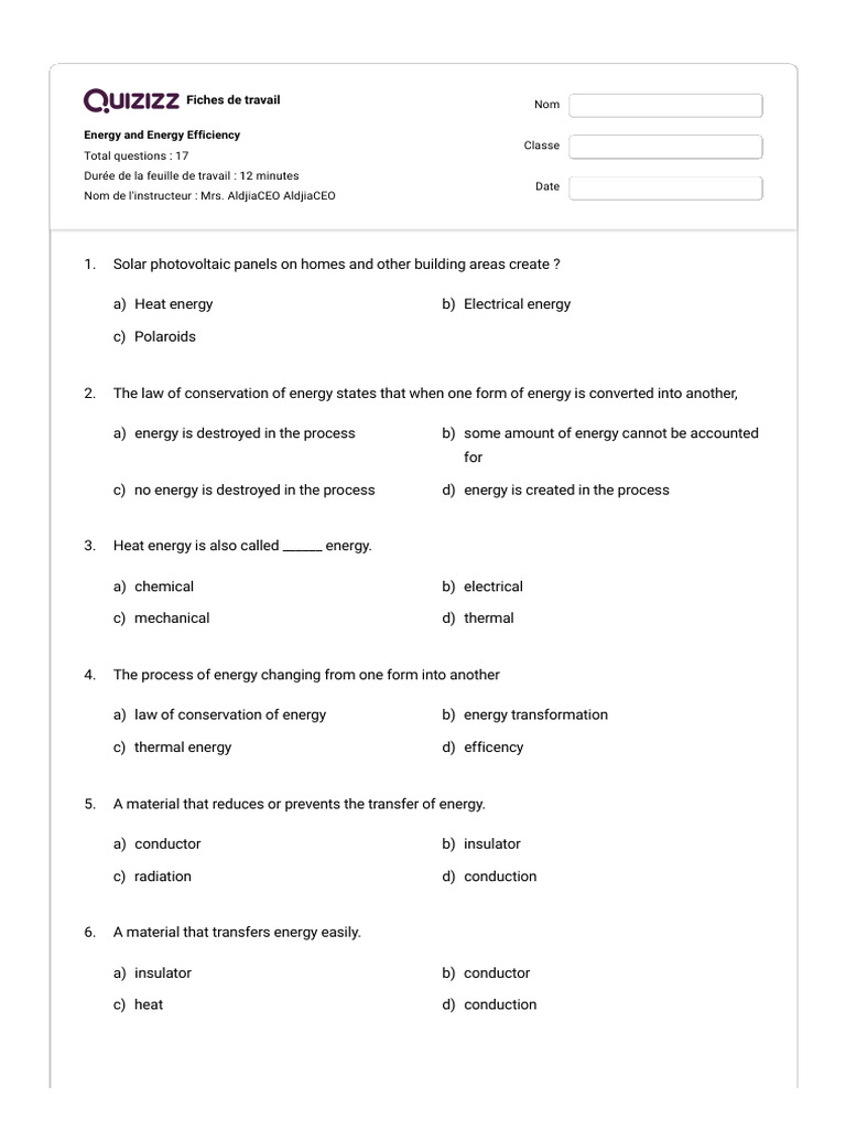 Energy Efficiency Quiz Questions | PDF | Efficient Energy Use | Thermal ...