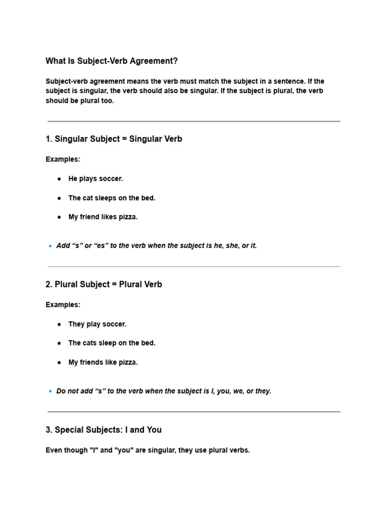 Subject Verb Agreement For Grade 3 | PDF