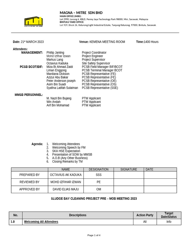 BCOT Sludge Bay Cleaning Meeting Summary | PDF | Safety | Occupational ...