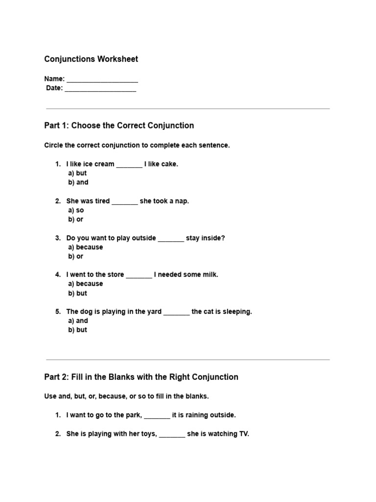 Grade 3 Conjunctions Worksheet | PDF
