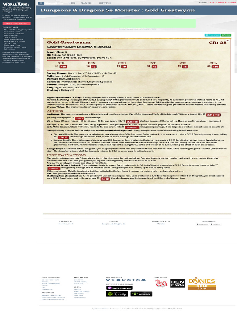 Gold Greatwyrm 5E Stats Overview | PDF | Role Playing Games | Tabletop ...